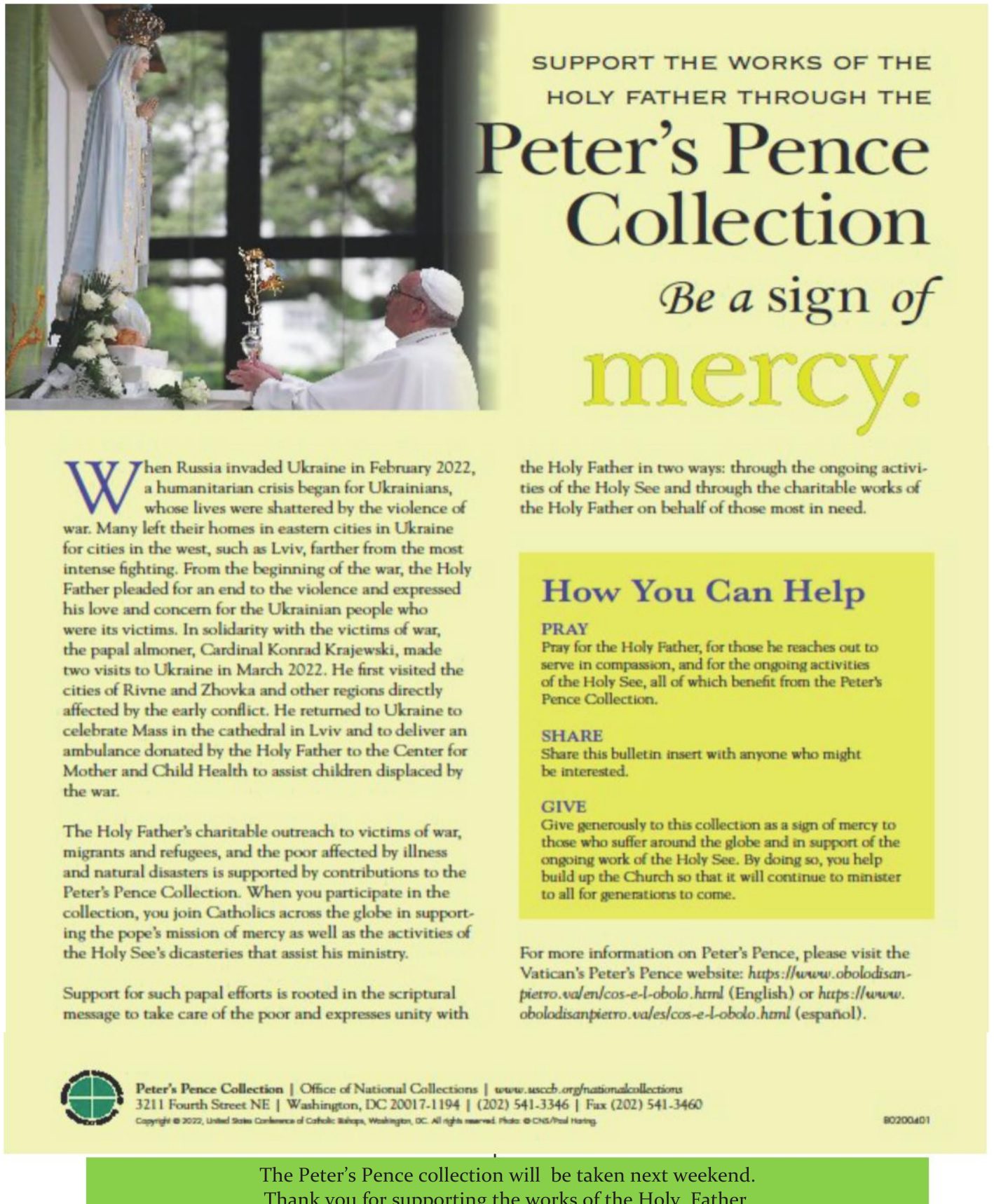 Peter’s Pence Collection – Our Lady of Fatima